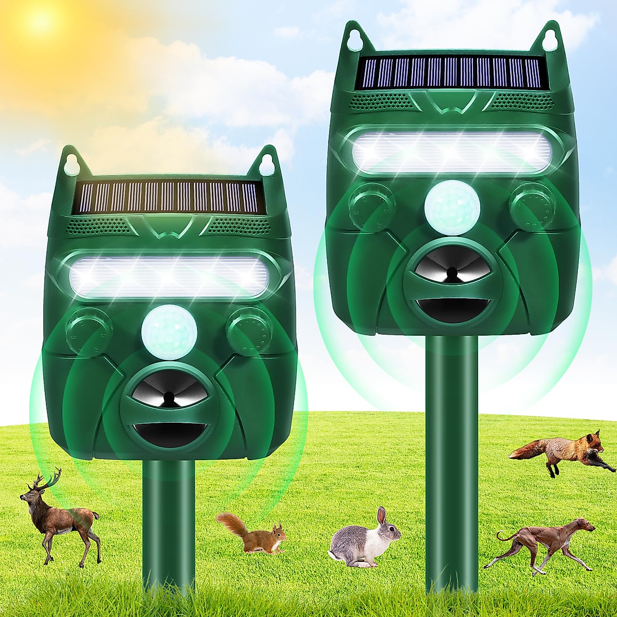 Ultrasonic Animal Repellent Outdoor Solar Animal Repeller with Motion Sensor&LED Strobe Light Cat Repellent Outdoor Deer Repellent Devices Waterproof Dog Deterrent Skunk Repellent for Yard (2), GREEN