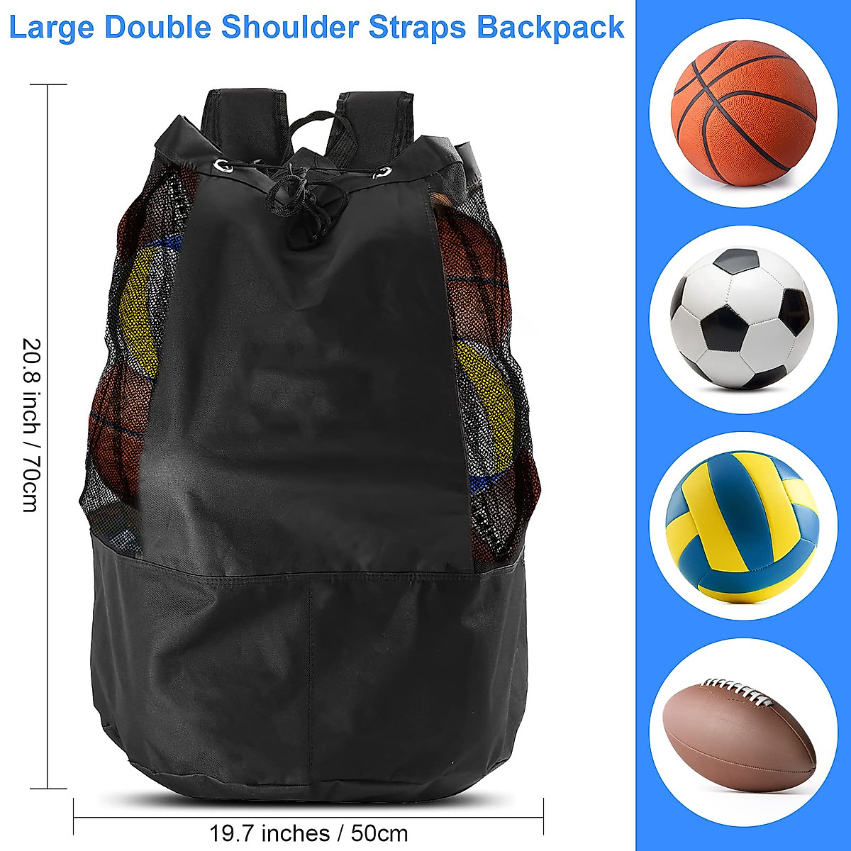 Brynnl Extra Ball Bag ,Large mesh equipment bag black , Soccer Ball Bag with Adjustable Shoulder Strap ,600D Oxford Cloth mesh sports bag for Holding Soccer/Football/Volleyball(Holds 15 Balls)