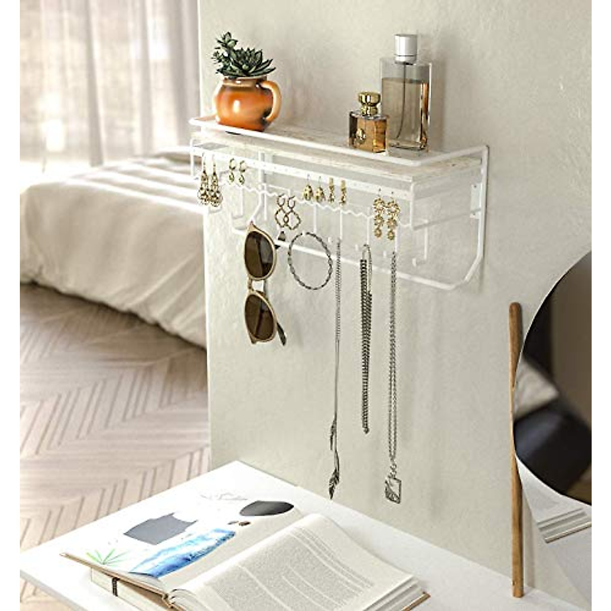 JackCubeDesign Hanging Jewelry Organizer with 9 Hooks, Wall Mount Necklace Earring Bracelet Sunglass Holder with Wood Shelf (White Metal) - MK237D