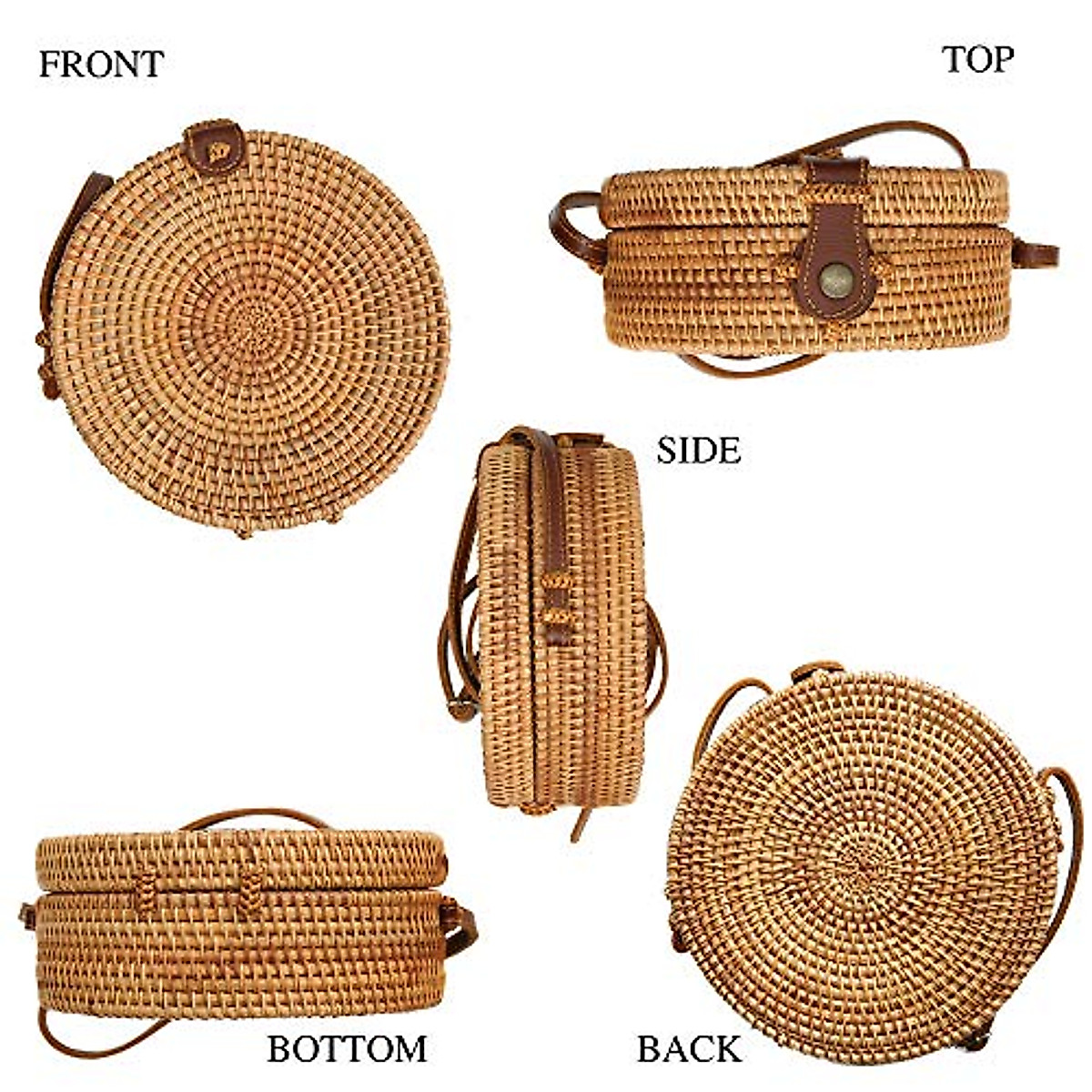 Aviboo Handwoven Round Rattan Straw Crossbody Bags for Women 8” with Adjustable Two-Layer Genuine Leather Strap with Bonus - Rattan Bracelet