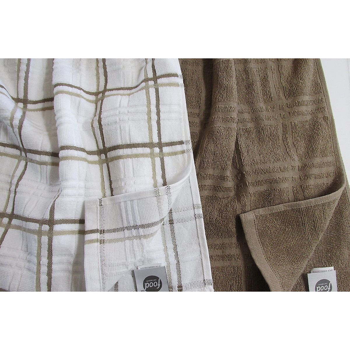 Set of 2 Tan Double Thickness Kitchen Towels - Hanging Towels - Light Brown & White Plaid Design with Cream Cotton Crochet Top - Moms Gift - Best Quality Towels