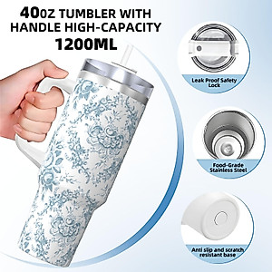 Elegant Engraved Blue And White Floral Toile 40 Oz Tumbler With Handle & Leak-Proof Lid – Car Cup Holder Friendly Hot/Cold Vacuum Insulated Stainless Steel Travel Mug Large Coffee Water Bottle For Car