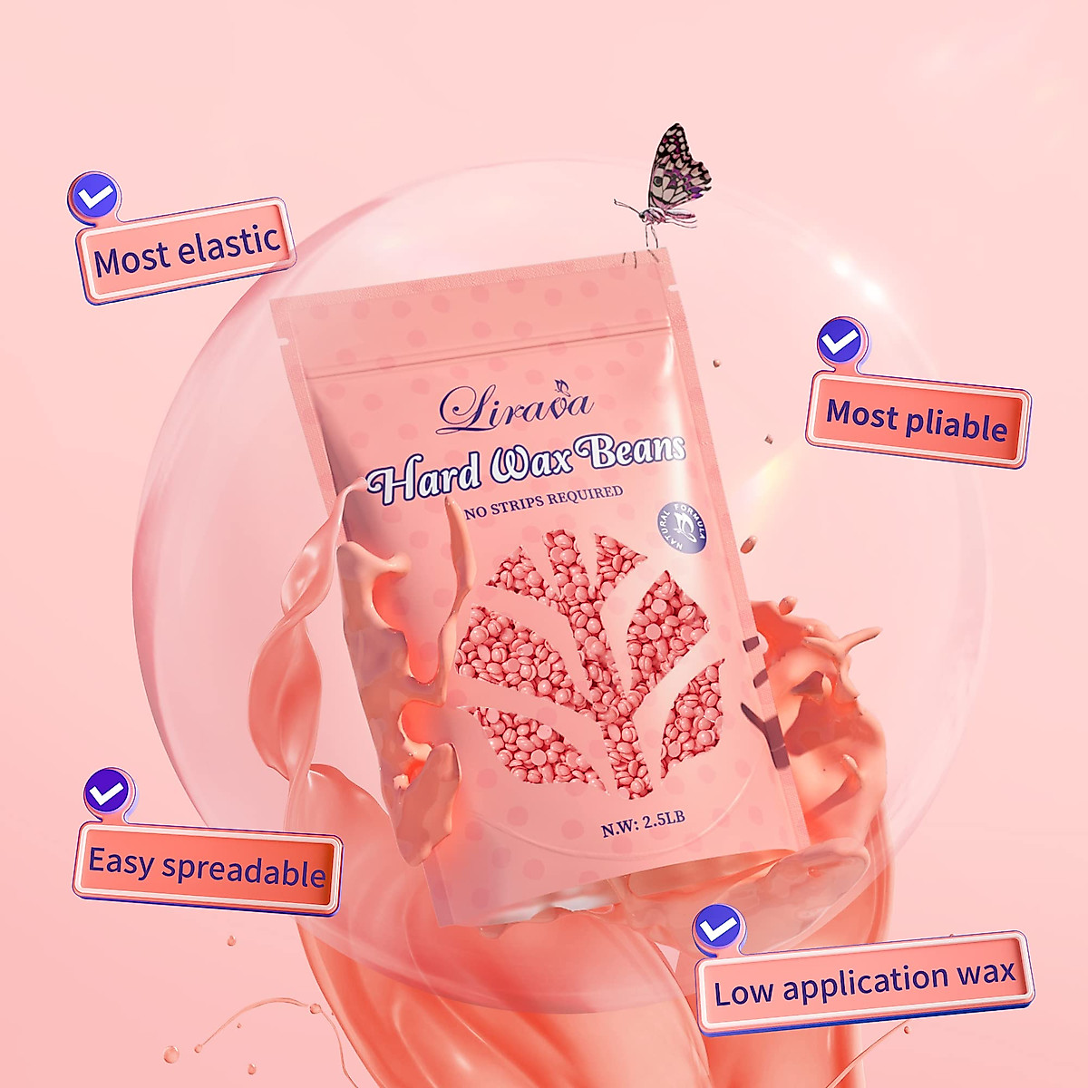 Lirava Hard Wax Beads for Hair Removal 2.5lb, Brazilian Wax beans (Coarse Body Hair Specific) for Full body, Bikini, Underarms, Back, Chest, At Home Waxing Beads Large Refill for Women Men