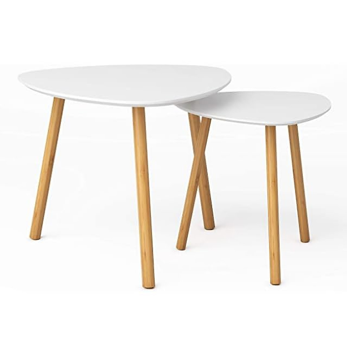 BAMEOS Bamboo Nesting Triangle End Table,Set of 2 Coffee Table Modern Minimalist Side Table for Living Room, Balcony in White