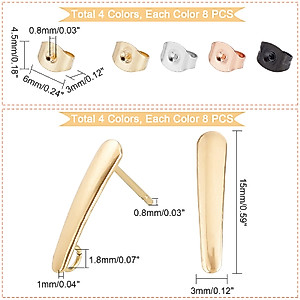 PH PandaHall Stud Earring with Loop, 32pcs(16 Pairs) 4 Colors 304 Stainless Steel Earring Post Ear Studs Findings with 32pcs Butterfly Ear Nuts for DIY Earring Jewelry Making Findings