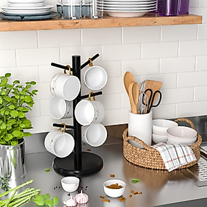 Wisuce Coffee Mug Holder, Black Bamboo Mug Tree with Thicker Base Coffee Cup Stand Mug Holders for Counter Coffee Mug Rack Organizer with 6 Hooks