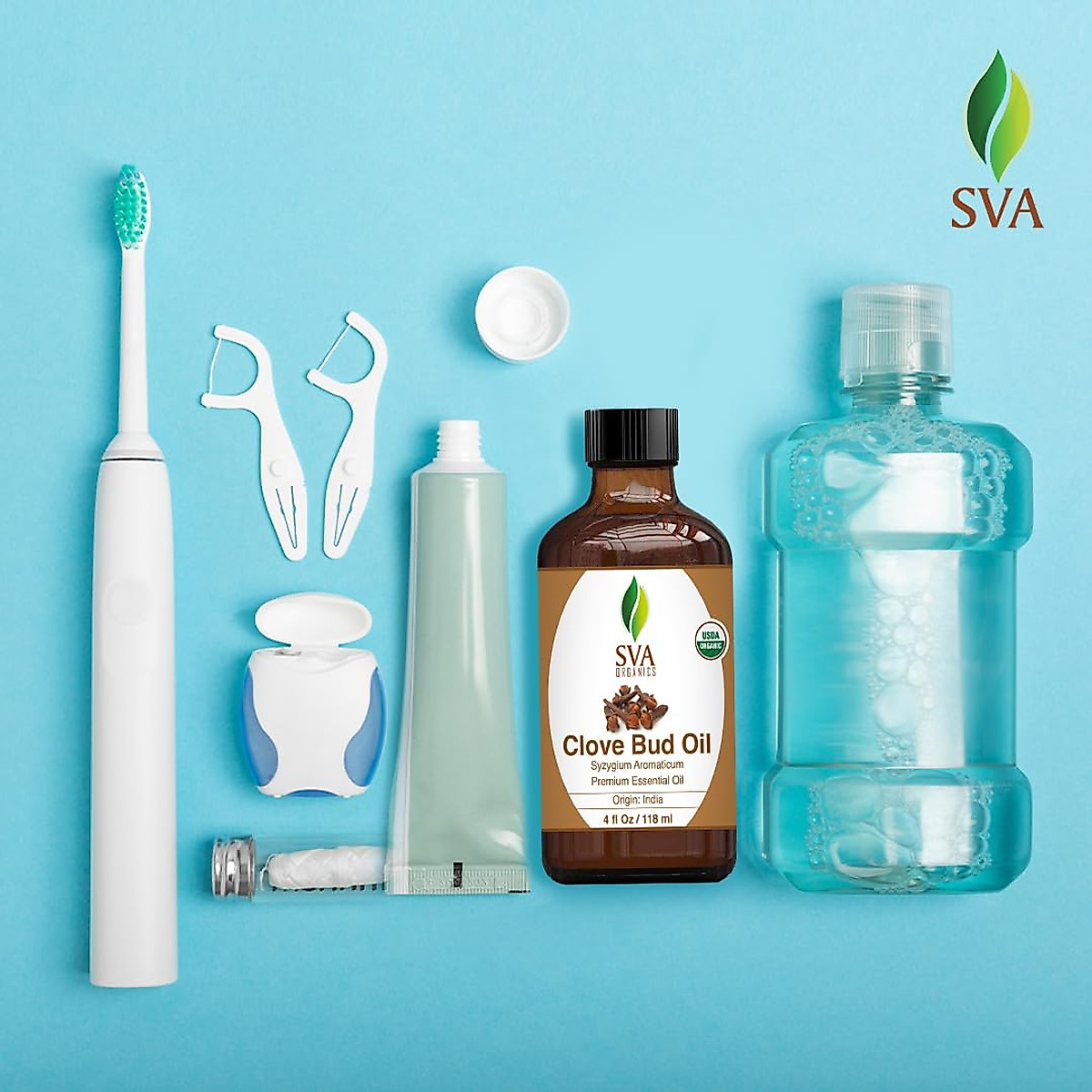 SVA Clove Bud Essential Oil Organic – 4 Fl Oz – 100% Natural Organic Clove Oil - for Diffuser, Hair Care, Face, Skin Care, Aromatherapy, Scalp and Body Massage, Soap and Candle Making - with Dropper