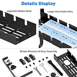 POKIPO Under Desk Cable Management Tray, Cable Management Under Desk, Retractable Under Desk Cord Organizer Wire Management No Drill Cable Tray with Clamp, Black Metal Rack Basket for Standing Desk