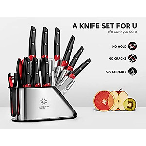 ASETY Kitchen Knife Set with Block- NSF Food-Safe 17 PCS Modern Knives Full Tang German Stainless Steel Chef Knife Set with 4-in-1 Knife Sharpener and 2x Peeler- Ergonomic Handle and Gift Box