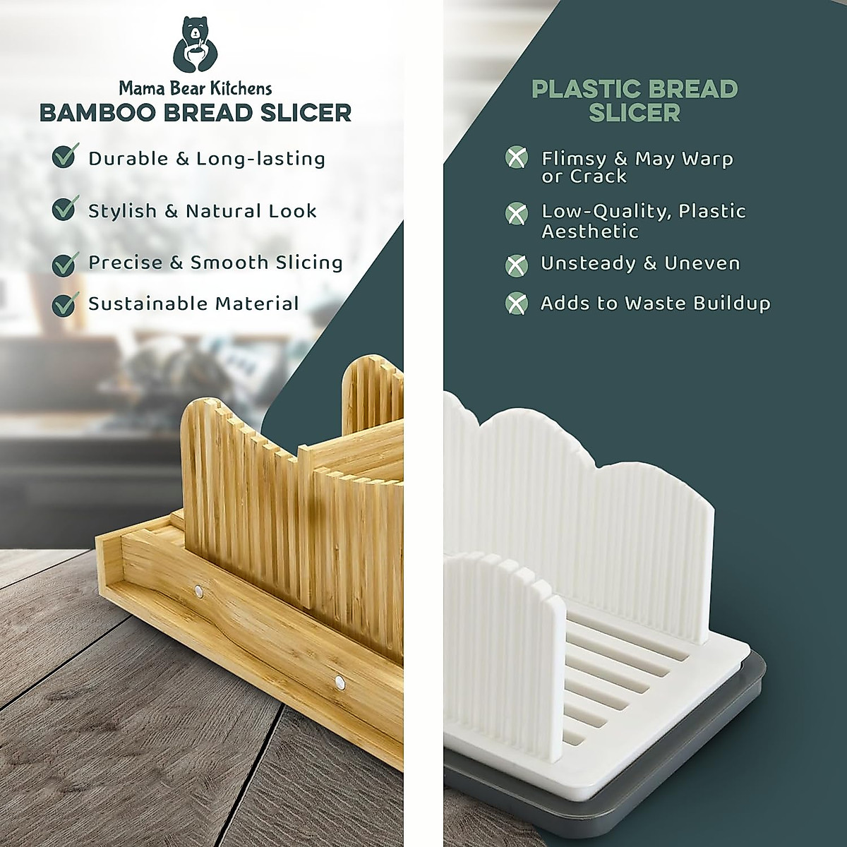 Mama Bear Kitchens Bamboo Bread Slicer with Knife - Adjustable & Durable Bread Loaf Slicer with Crumb Tray & Foldable Bread Cutter Guide - Easy to Clean & Store Bread Slicer for Homemade Bread