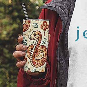 20oz Chinese Auspicious Cloud Snake Pattern Tumbler Stainless Steel, Vacuum Insulated Tumbler with Lid And Straw Unique Coffee Mug Travel Mug Gifts for Women Men