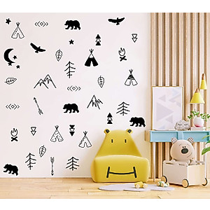 Woodland Animal Wall Decals Camping Wall Stickers Black Tree Animal and Mountain Wall Stickers Forest Animal Wall Decals for Kids Bedrooms Woodland Nursery Decor