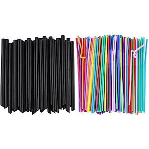 ALINK 100 Black Plastic Bubble Tea Smoothie Straws + 100 PCS Colorful Plastic Long Flexible Straws