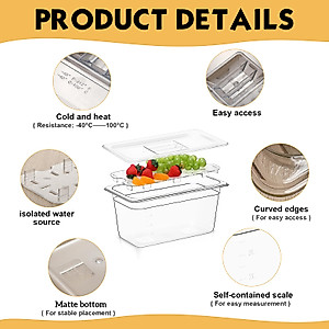 Sunnyray 6 Set 1/3 Size Polycarbonate Food Pans with Lids and Drain Shelf Clear Square Food Storage Containers for Kitchen Restaurant Fruit Vegetable Food Container and Storage (6 Inch Deep)