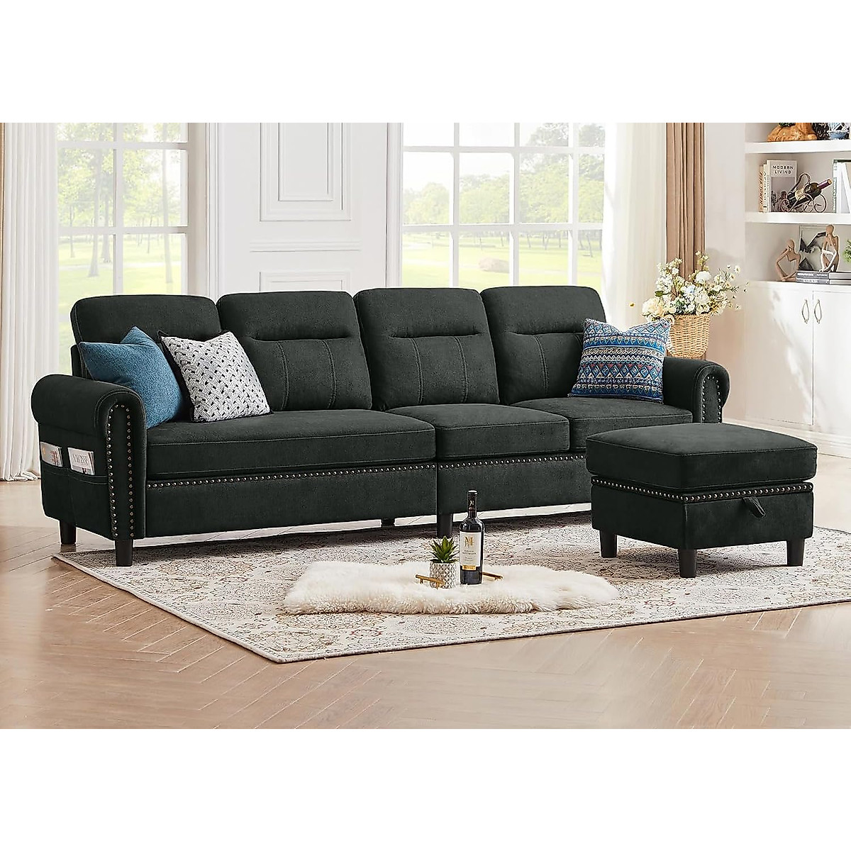 Tornama Convertible Sectional Sofa L Shaped Couch Reversible Sectional for Living Room Apartment, 4 Seater Sectional Couch with Storage Ottoman, Black