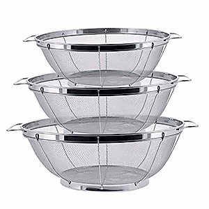 U.S. Kitchen Supply - 3 Piece Colander Set - Stainless Steel Mesh Strainer Net Baskets with Handles & Resting Base - 11" 5 Quart, 9.5" 4 Quart and 8.5" 3 Quart - Strain, Drain, Rinse, Steam or Cook