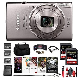 Canon Power-Shot ELPH 360 HS Digital Camera (Silver) (1078C001) + 2 x 64GB Card + 2 x NB11L Battery + Case + Charger + Card Reader + Corel Photo Software + Flex Tripod + More (17 Items) (Renewed)