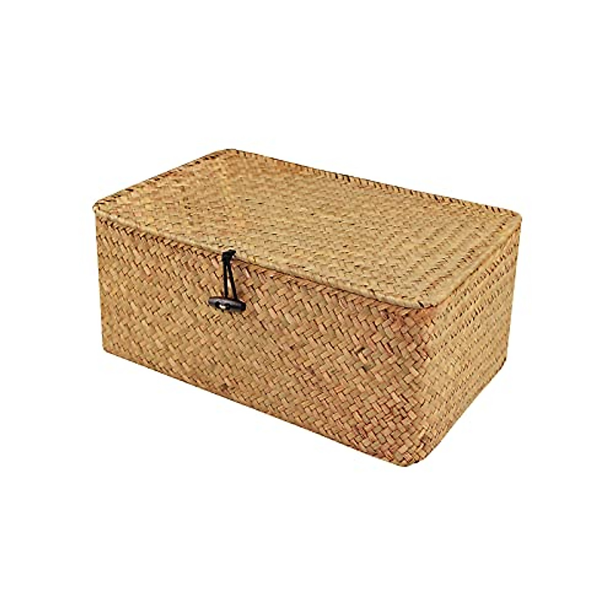Wicker Storage Basket with Lid, Natural Woven Rattan Seagrass Storage Box Rectangular Household Organizer Boxes Shelf Wardrobe Organizer (L)