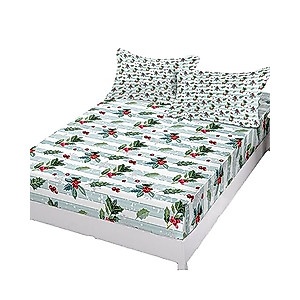 Full Size Fitted Sheet Bed Set Merry Christmas Holly Branch with Berry Deep Pocket Soft Bottom Sheets&Pillowcases for Bedroom Decor White and Blue Stripe,Fits Mattress Up to 16" Deep