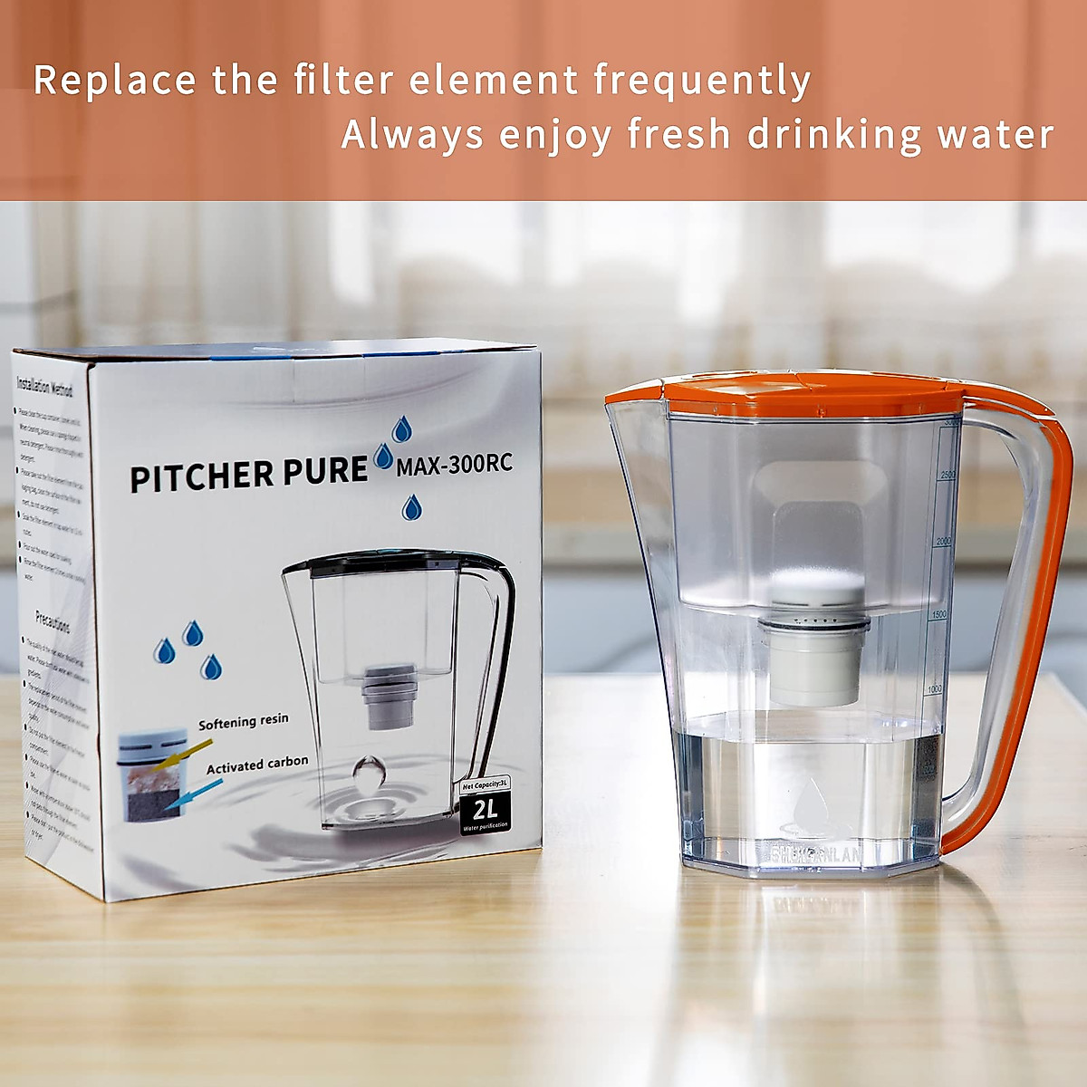 SHUILANLAN Water Filter Pitcher 10 Cup with 2 Filter, Filtered Water Pitcher for Fridge(Orange)