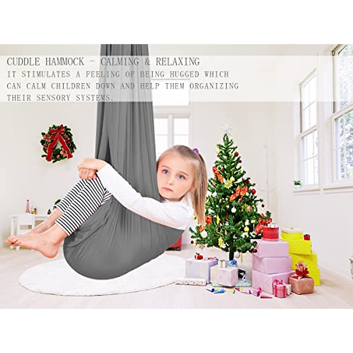 Therapy Sensory Swing for Kids and Adult (Hardware Included) Adjustable Cuddle Bedroom Hammock Has Calming Effect On Child with Special Needs(Gray Size:59"x110")