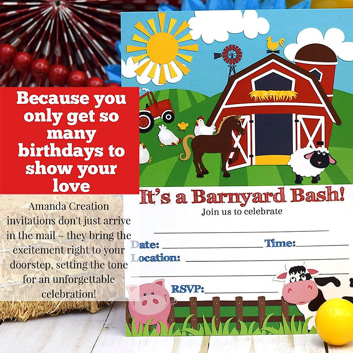 Barnyard Bash Farm and Barn Themed Birthday Party Invitations, 20 5x7 Fill In Cards with Twenty White Envelopes by AmandaCreation