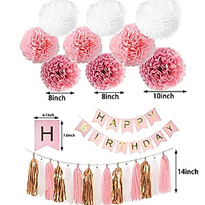 Pink Gold Birthday Party Decorations Set, pink Gold Glittery Happy Birthday banner, Tissue Paper Pom, Tassel Garland for Birthday Party Decorations for Man Women Birthday Party Decorations
