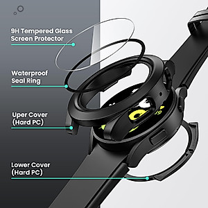 [2 in 1] Goton Waterproof Case for Samsung Galaxy Watch 5 4 44mm, 360° Protective Hard PC Front & Back Bumper with HD Tempered Glass Screen Protector for Galaxy Watch Cover Accessories, Black