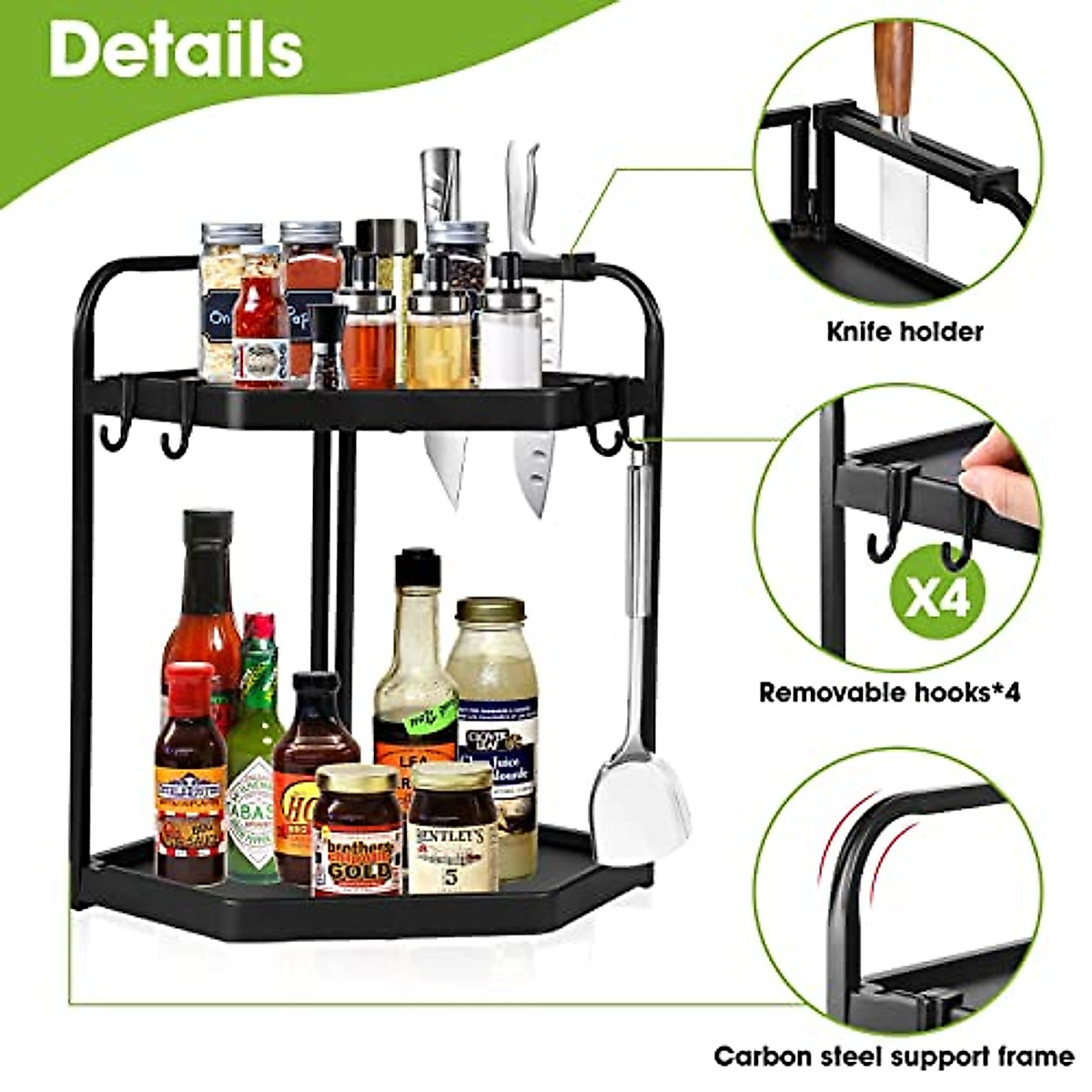 Baboies 2 Tier Corner Shelf Kitchen Spice Rack, Bathroom Countertop Triangle Storage Organizer with Knife Holder Counter Small Shelves