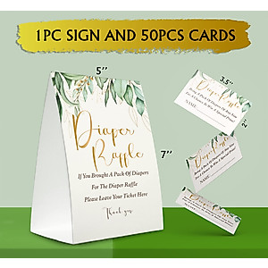 Diaper Raffle Sign,Diaper Raffle Baby Shower Game Kit (1 Standing Sign + 50 Guessing Cards),Greenery Insert Ticket,Baby Showers Decorations,Card for Baby Shower Game to Bring a Pack of Diapers-XN32