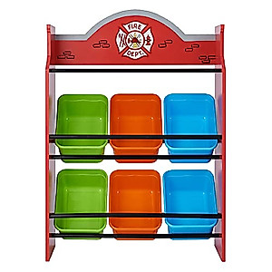 Fantasy Fields - Little Firefighters Wooden Toy Organizers with 6 Removable Storage Bins, Toy Storage Shelf, Red (TD-13211A)