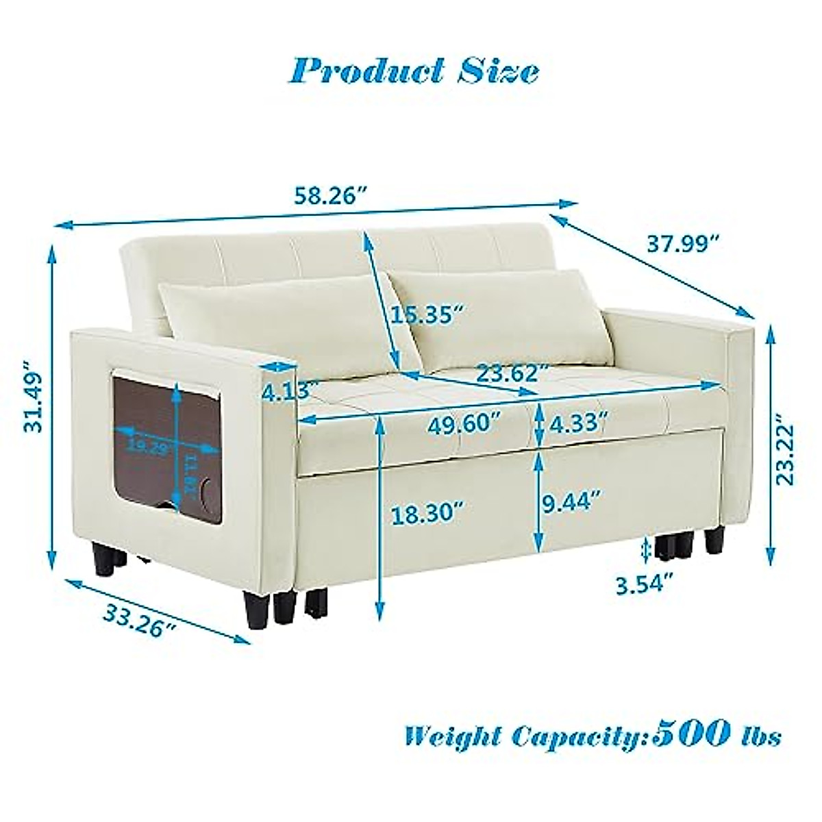 3 in 1 Convertible Sofa Bed Pull Out Couch Sleeper Modern Velvet Loveseat Couch Futon Sofá Bed w/Reclining Backrest,Side Coffee Table,2 Pillows,Lounge Sofa for Living Room Apartment Home Office,White