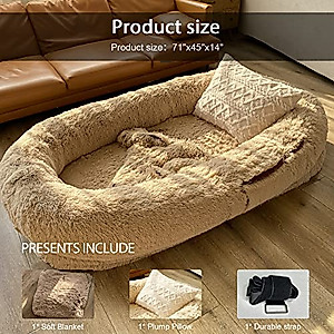 YAEM Human Dog Bed, 71"x45"x14" Dog Beds for Humans Size Fits You and Pets, Washable Faux Fur Human Dog Bed for People Doze Off, Napping Orthopedic Dog Bed, Present Plump Pillow, Blanket, Strap-Khaki