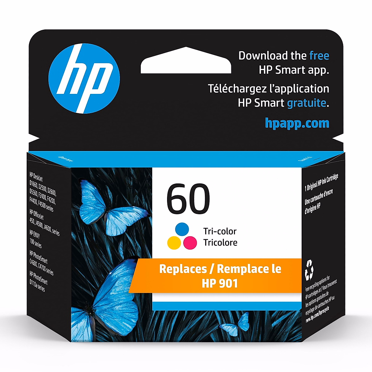 Original HP 60 Tri-color Ink Cartridge | Works with DeskJet D1660, D2500, D2600, D5560, F2400, F4200, F4400, F4580; ENVY 100, 110, 120; PhotoSmart C4600, C4700, D110a Series | CC643WN