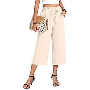 Anyhold Womens Capri Pants Loose High Waisted Wide Leg Lounge Pants Drawstring Casual Palazzo Trousers with Pockets X-Large, Beige
