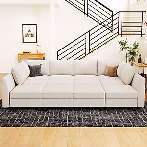 Uteeran Oversized Modular Sectional Sofa Chenille Sleeper Couch with Storage Sectional Sofa Bed for Living Room, 12 Seats, Beige