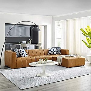 Modway Bartlett Channel Tufted Vegan Leather, 4-Piece with Chaise, Tan-4-Piece
