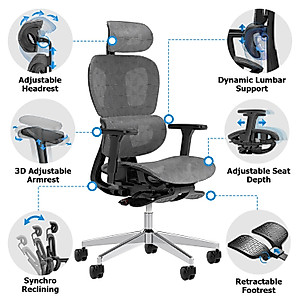 Ergonomic Office Chair Ergo3D Rolling Desk Chair with 3D Adjustable Armrest,High Back Desk Computer Chair Mesh Computer Executive Swivel Grey
