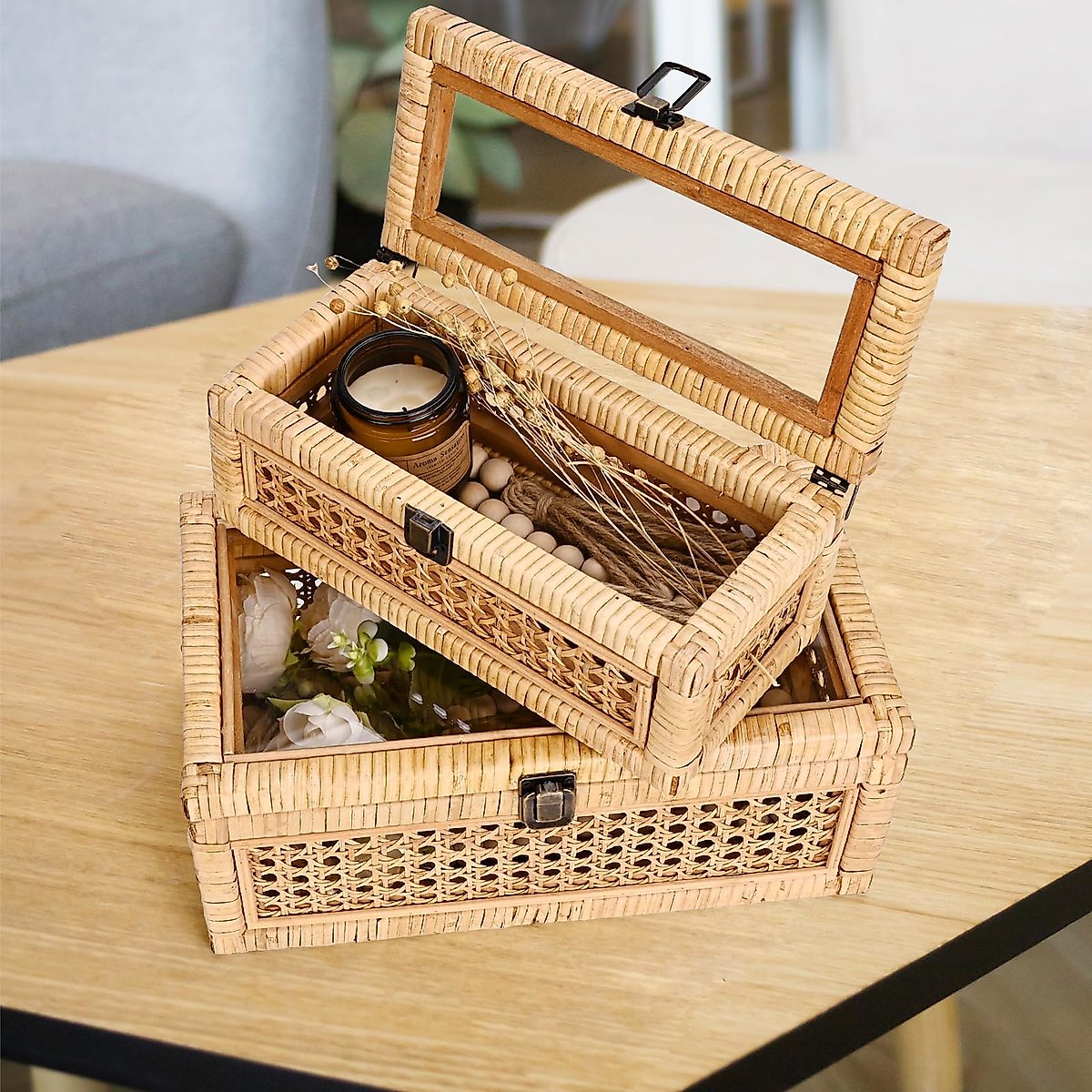 HUAXIN CRAFT H Rattan Decorative Box with Lid, Rectangular Woven with Glass for Display, Set of 2 Wicker for Decor