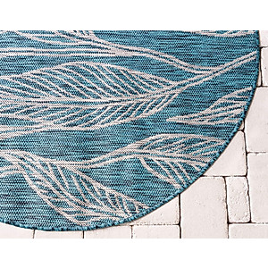 Unique Loom Outdoor Botanical Collection Area Rug - Leaf (4' 1" Round, Teal/ Ivory)