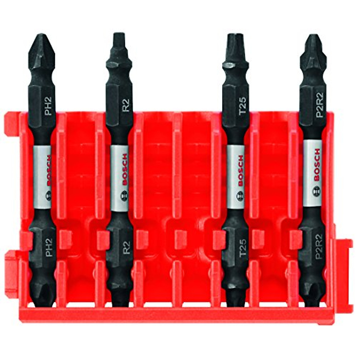 BOSCH CCSDEV2504 4-Piece Assorted Set 2-1/2 In. Impact Tough Phillips, Square, and Torx Double-Ended Bits with Clip for Custom Case System