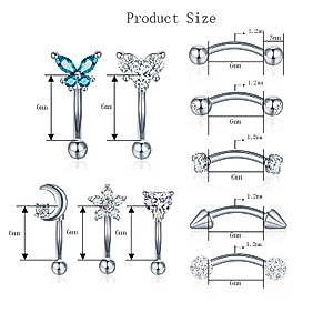 EVISPOL 10Pcs 16G Rook Piercing Jewelry for Women Men, Eyebrow Rings Curved Barbell 316L Stainless Steel Belly Lip Rings CZ Daith Cartilage Earrings Tragus Helix Piercing Jewelry-6MM-Silver