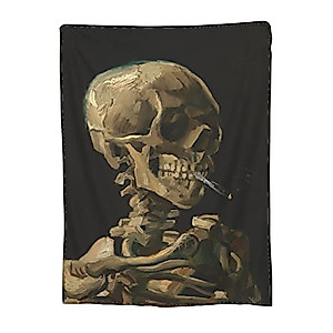 Vincent Van Gogh Painting Throw Blanket Skull of a Skeleton with Burning Cigarette Plush Fleece Flannel Blanket Soft for Sofa Couch Bed Living Room Suitable for All Seasons 60"x50"
