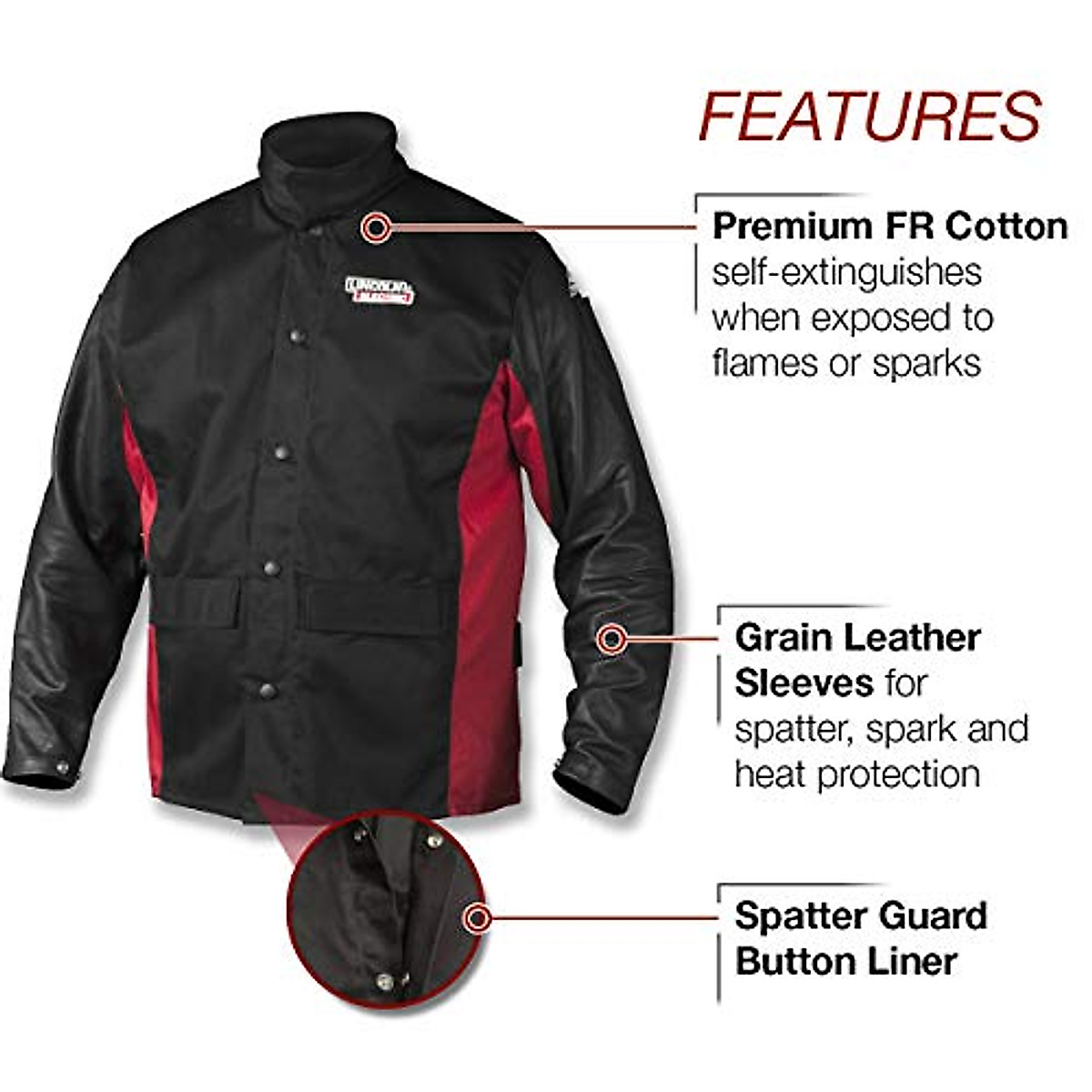 Lincoln Electric Grain Leather Sleeved Welding Jacket | Premium Flame Resistant Cotton Body | Black & Red | Large | K2987-L