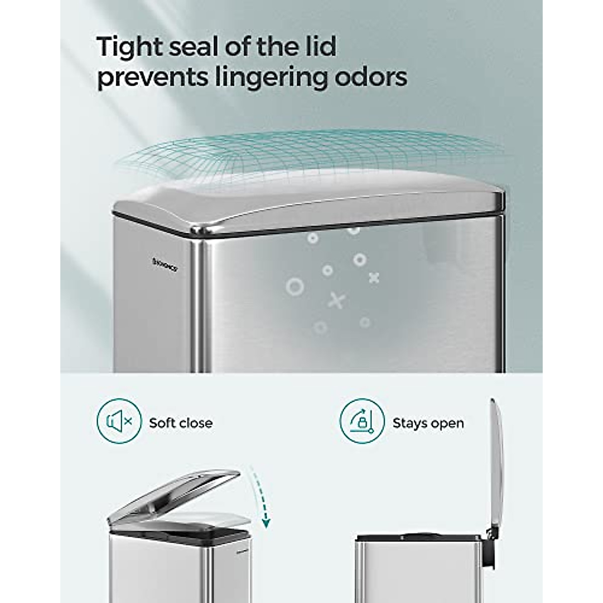 SONGMICS Slim Trash Can, 12.7 Gallon Garbage Can for Narrow Spaces with Soft-Close Lid, Inner Bucket, and Step-on Pedal, Stainless Steel, 15 Trash Bags Included, Silver ULTB510E48