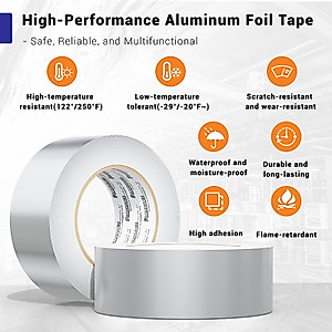 PowerScale Aluminum,Tape 2 inch x (66 Feet 22YD) 3.9 Mil,High Temperature Aluminum Foil Tape,Duct Tape for HVAC, Metal Repair, Cold Air Ductwork,Sealing,Patching,Reflective Foil Tape, Silver