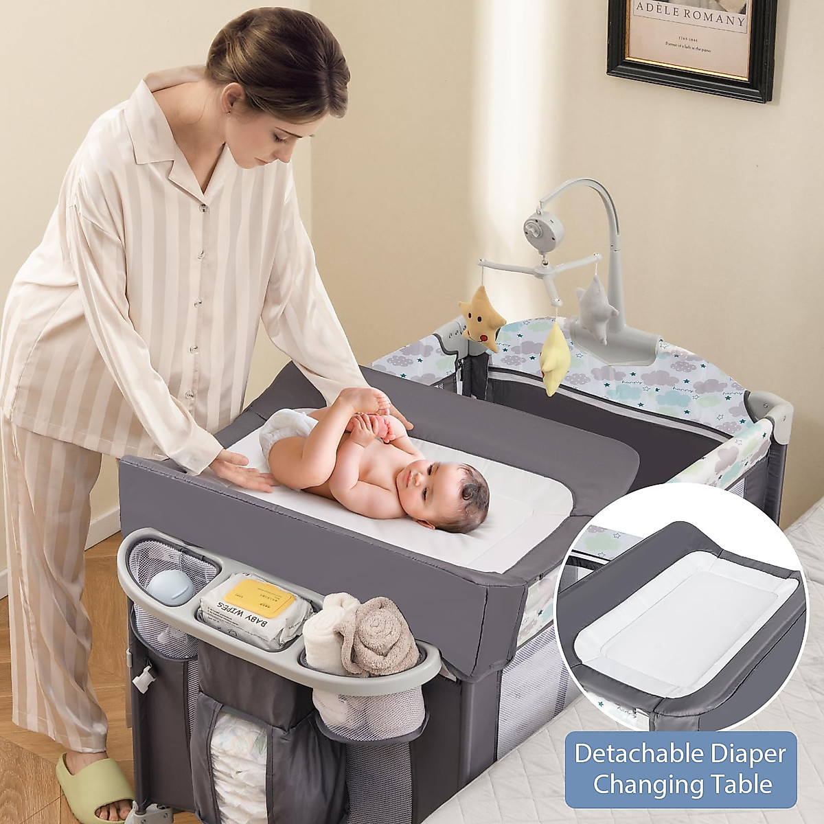 BABY JOY 5-in-1 Pack and Play, Portable Baby Bedside Sleeper with Bassinet, U-Shaped Diaper Changer, Safety Strap, Side Zipper Entrance, Hangings, Bedside Crib Playard from Newborn to Toddlers (Gray)