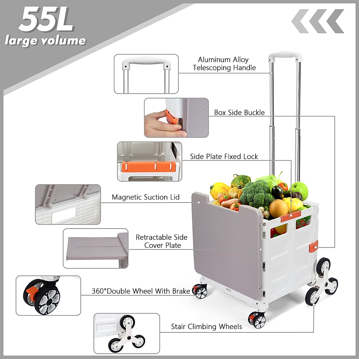 Foldable Utility Cart with Stair Climbing Wheels,Collapsible Rolling Crate with Magnetic Lid Telescopic Cover,Telescoping Handle,360° Rotate Wheel Hand Cart for Teacher Shopping Moving(Milky White)