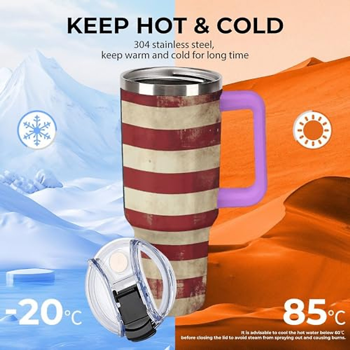 LLUTSNTH 40 Oz Vacuum Tumbler with Violet Handle Leakproof Insulated Tumbler Vintage American USA Flag Stainless Steel Travel Mug with Lid And Straw Coffee Cup Cute Water Bottles Cup Holder Friendly