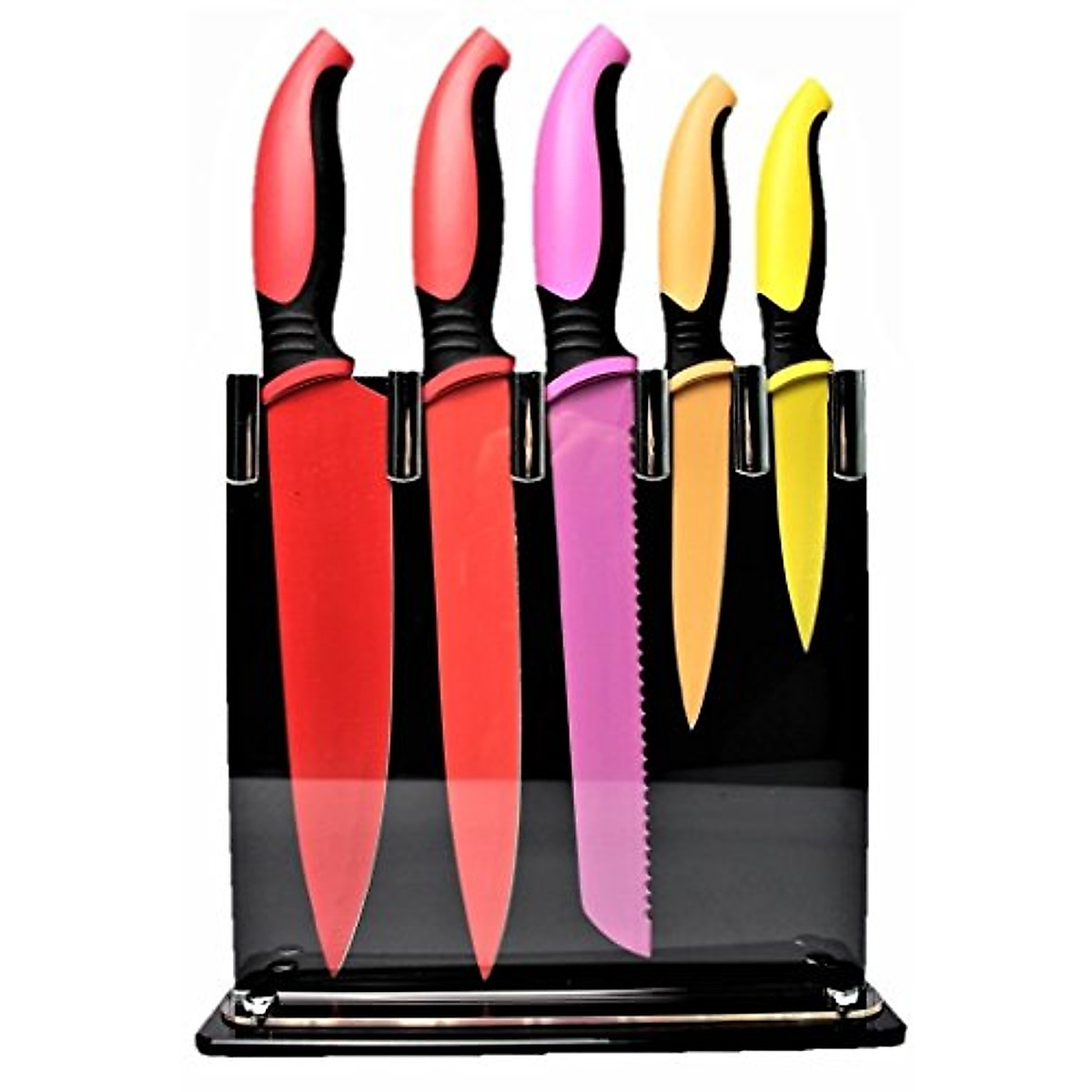 Kitchenson 3CR14 Stainless Steel Nonstick Multi-Color Professional Cutlery Set with 5 knives and 1 Clear Acrylic Stand 8.25” x 8.5”, Red, Pink, Orange and Yellow, 6 Piece Total